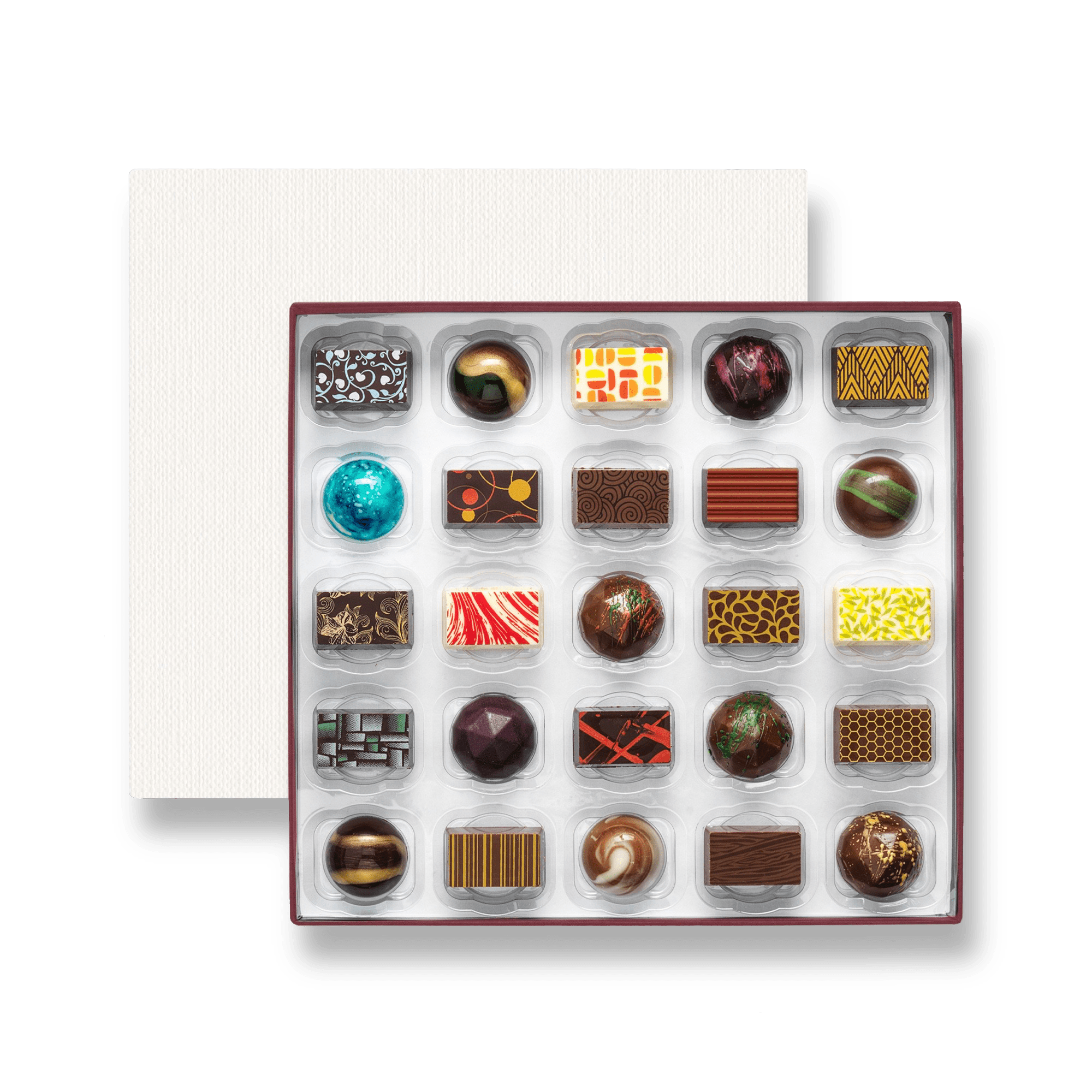A box of 25 colourfully decorated artisan chocolates